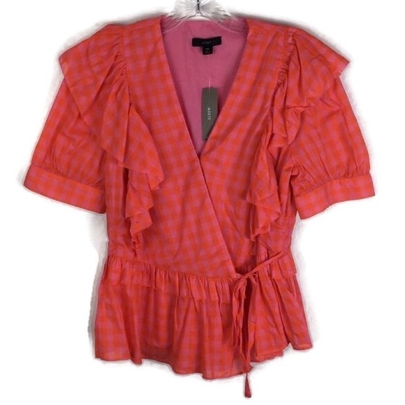 J. Crew | Tops | J Crew Gingham Ruffle Wrap Tie Top In Pinkorange ...